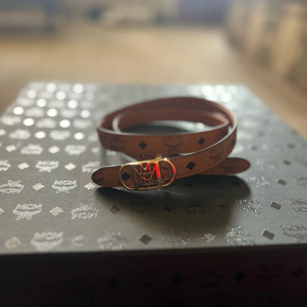 MCM | Accessories | Mcm Cognac Leather Belt With Gold Logo Buckle ...